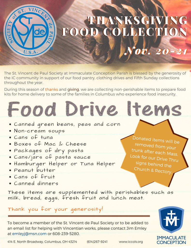 Thanksgiving Food Collection | Nov. 20-21 – Immaculate Conception Church